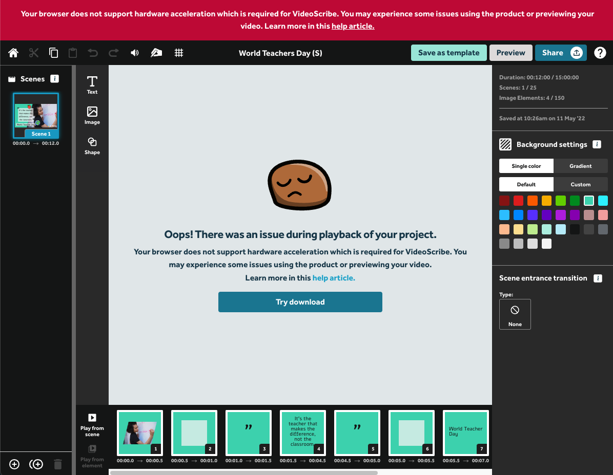 Your browser does not support hardware acceleration which is required for VideoScribe